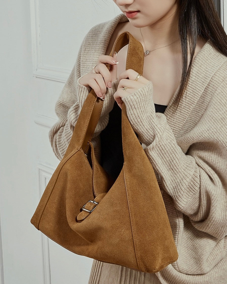 Structured Truffle Suede Shoulder Bag with Metal Buckle – VELOISSE